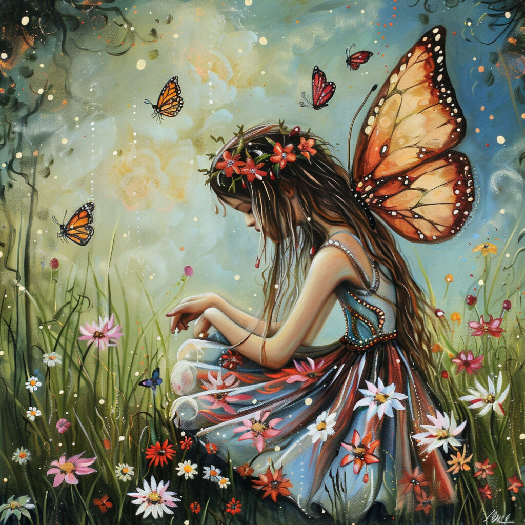 Whimsical fairy with flowers and butterflies