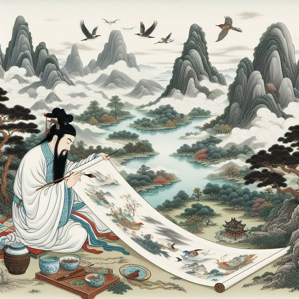 Ancient Chinese Sage Painting a Landscape Painting
