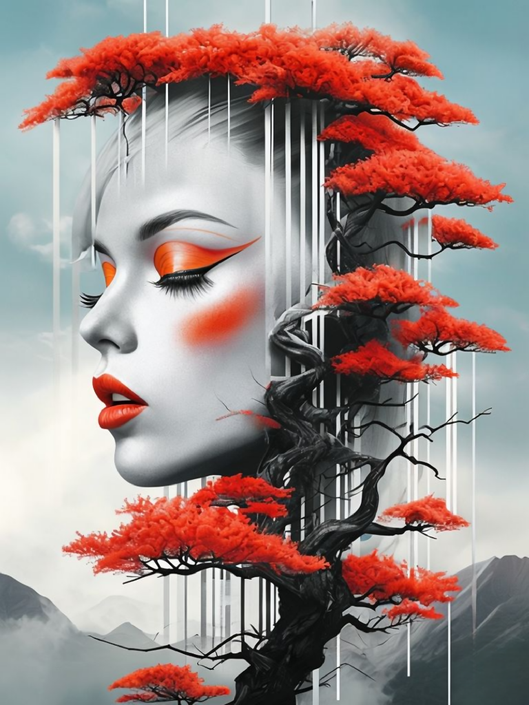 Abstract Surreal Portrait with Red Bonsai Tree