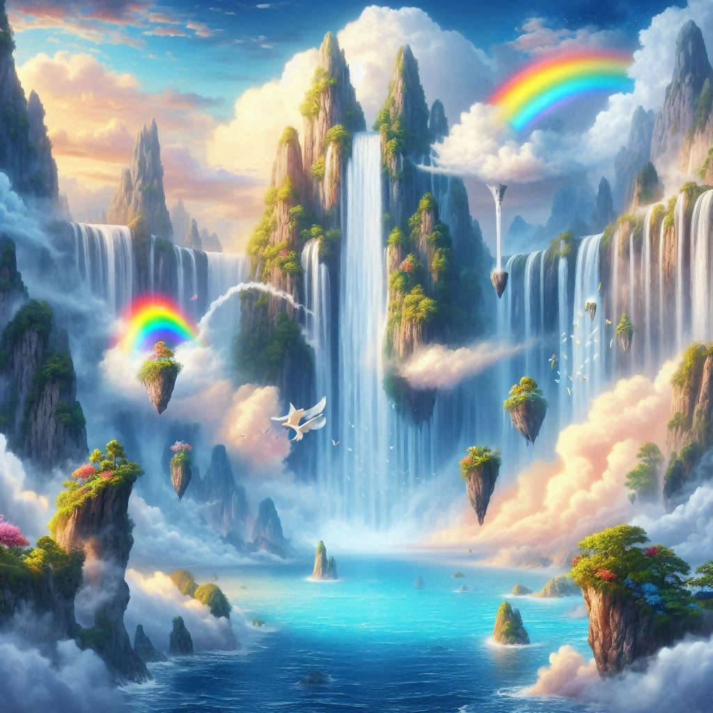 Heaven, waterfall, water fall, mountain, fantasy, fantasy land, sky...