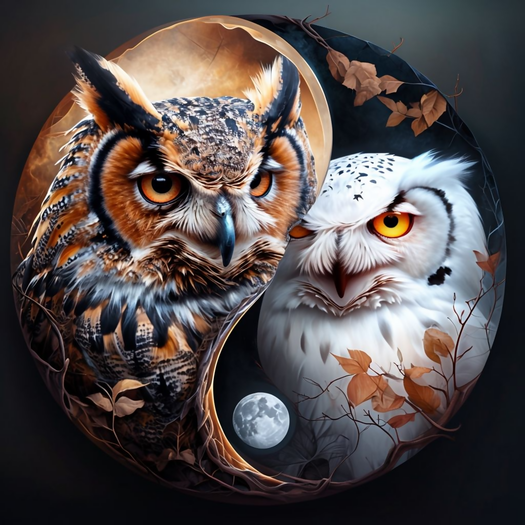 Yin-Yang Owls Symbol of Contrast and Balance Digital Art