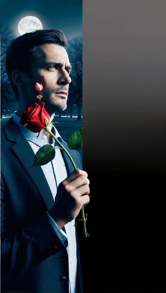 A dramatic portrayal of a man holding a rose in