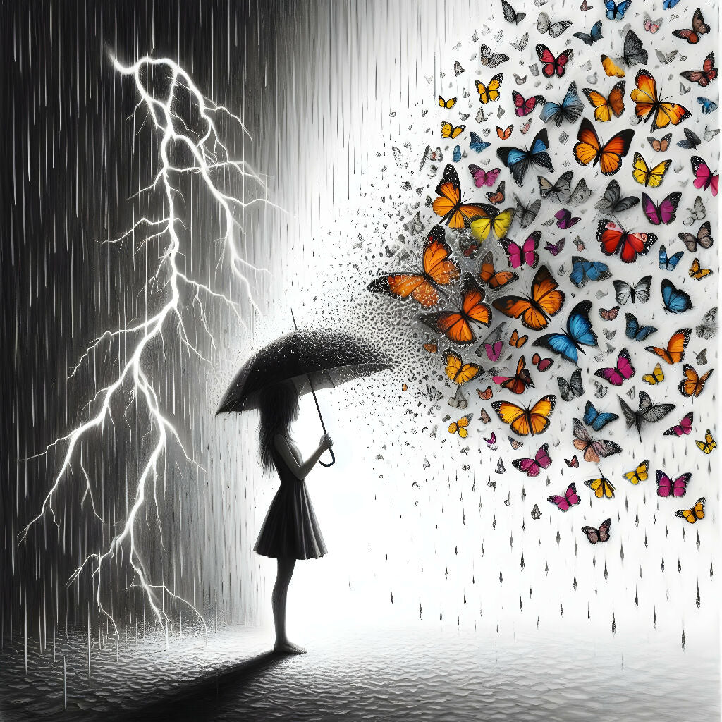 Monochrome Storm Meets Vibrant Butterflies: A Whimsical Encounter U...
