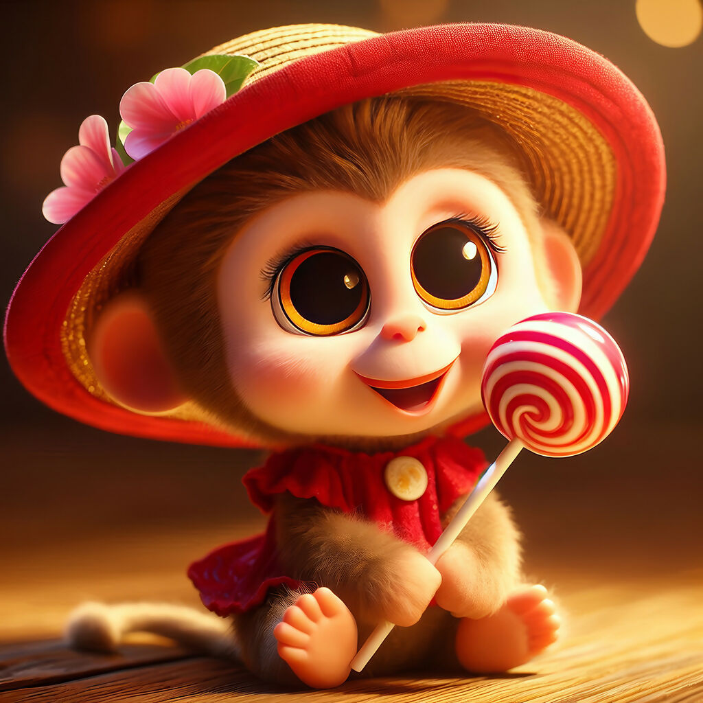This image shows an adorable baby monkey wearing a red straw hat wi...
