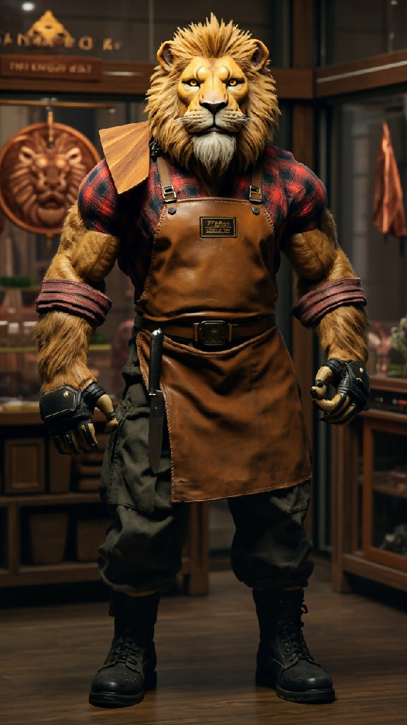 Leo the Butcher – AI-Generated Anthropomorphic Lion in Butcher Attire