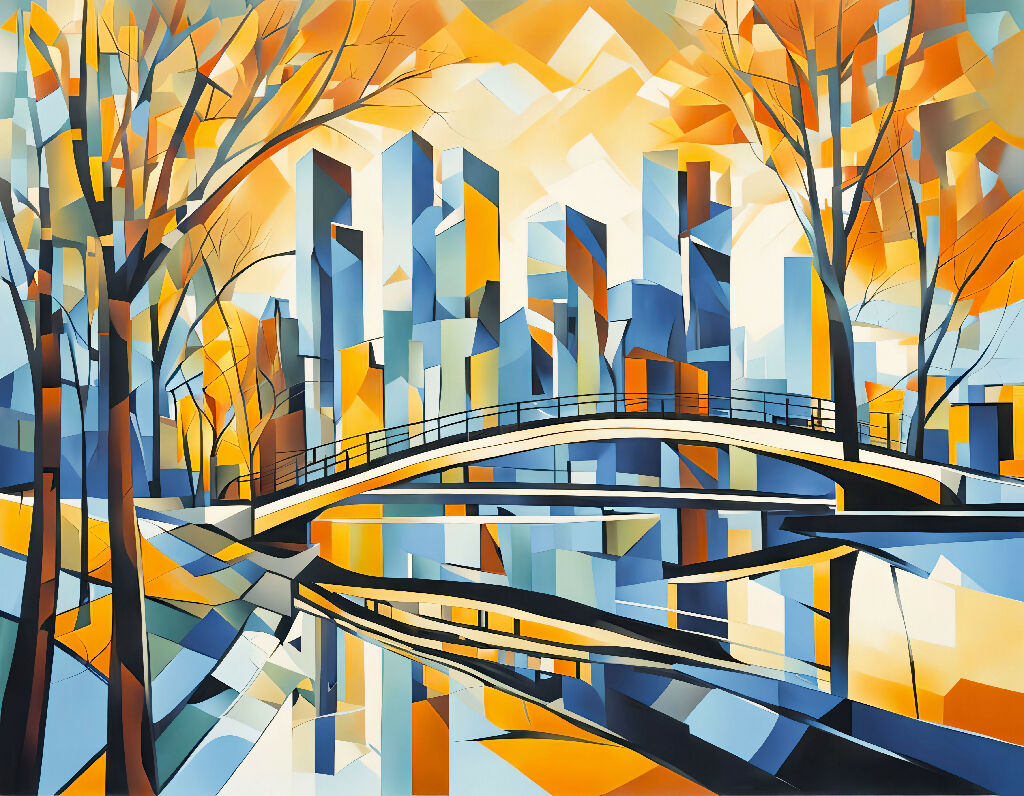 Cubist Autumn Bridge in Cityscape