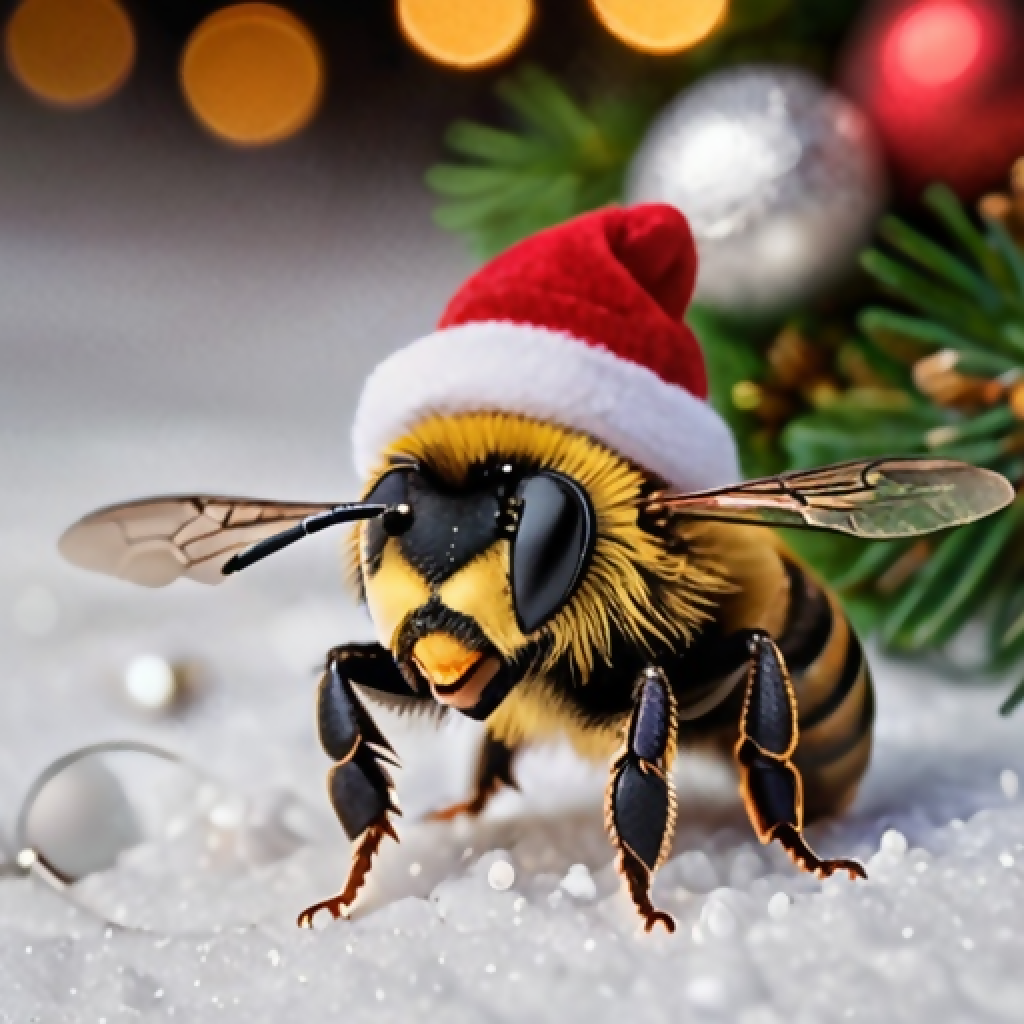 a bee wearing a tiny, festive Christmas hat