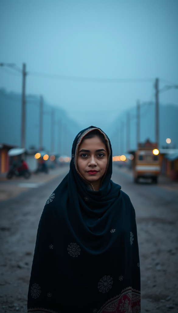 Woman in Dark Shawl on a Dusty Road at Dusk