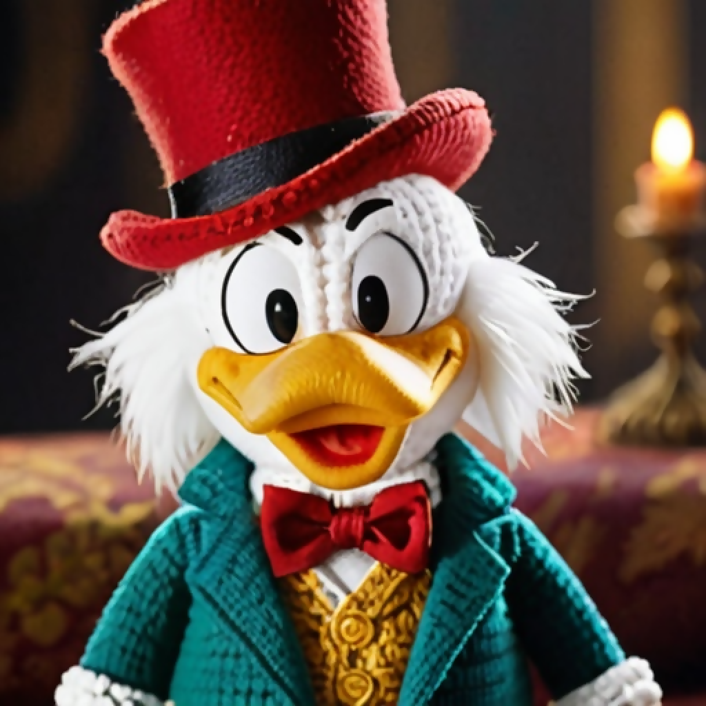 crocheted plush toy of Scrooge McDuck, the iconic Disney character
