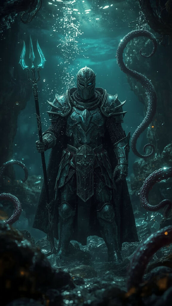 A deep-sea knight with shimmering aqua armor and glowing trident