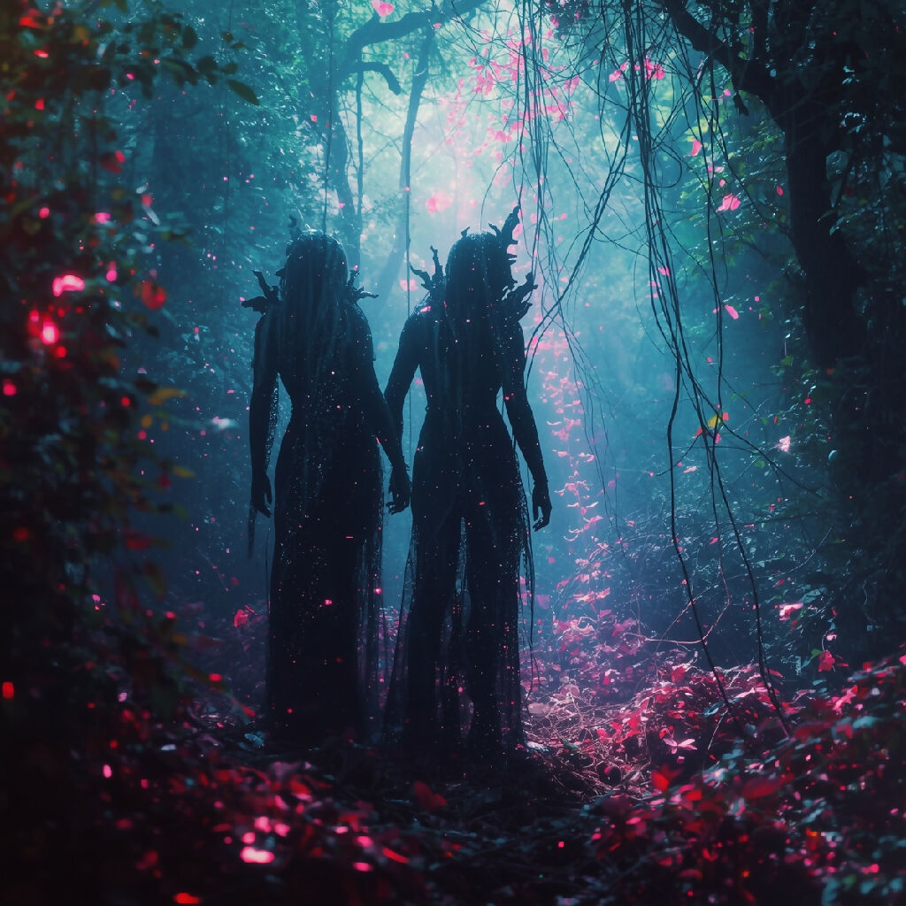 A mesmerizing dark fantasy illustration featuring two silhouette fi...