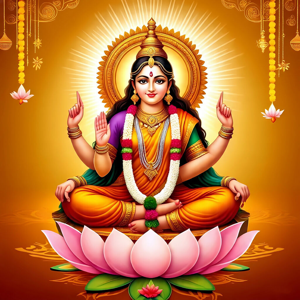 Radiant Lakshmi Portrait AI Art on Lotus Throne for Spiritual Decor