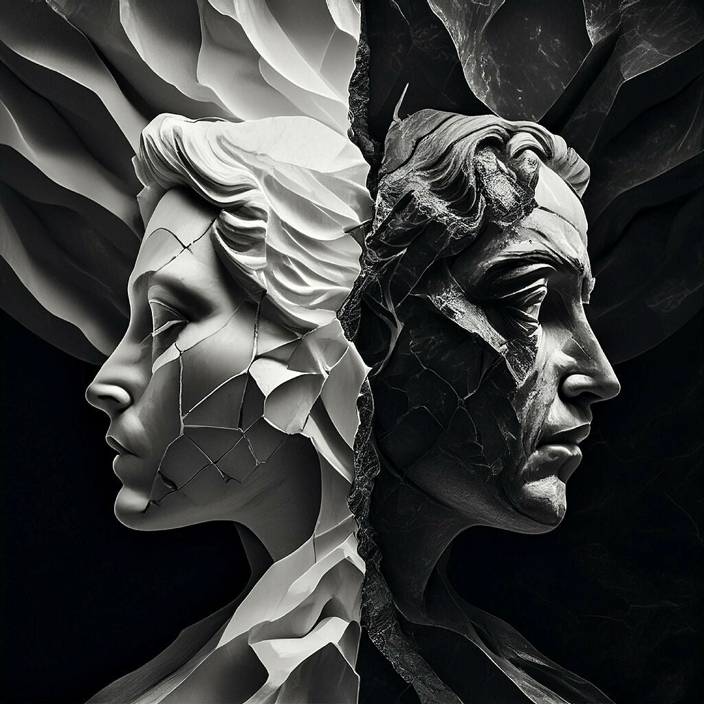 face sculpture , two face contrast, black and white heads, concept ...