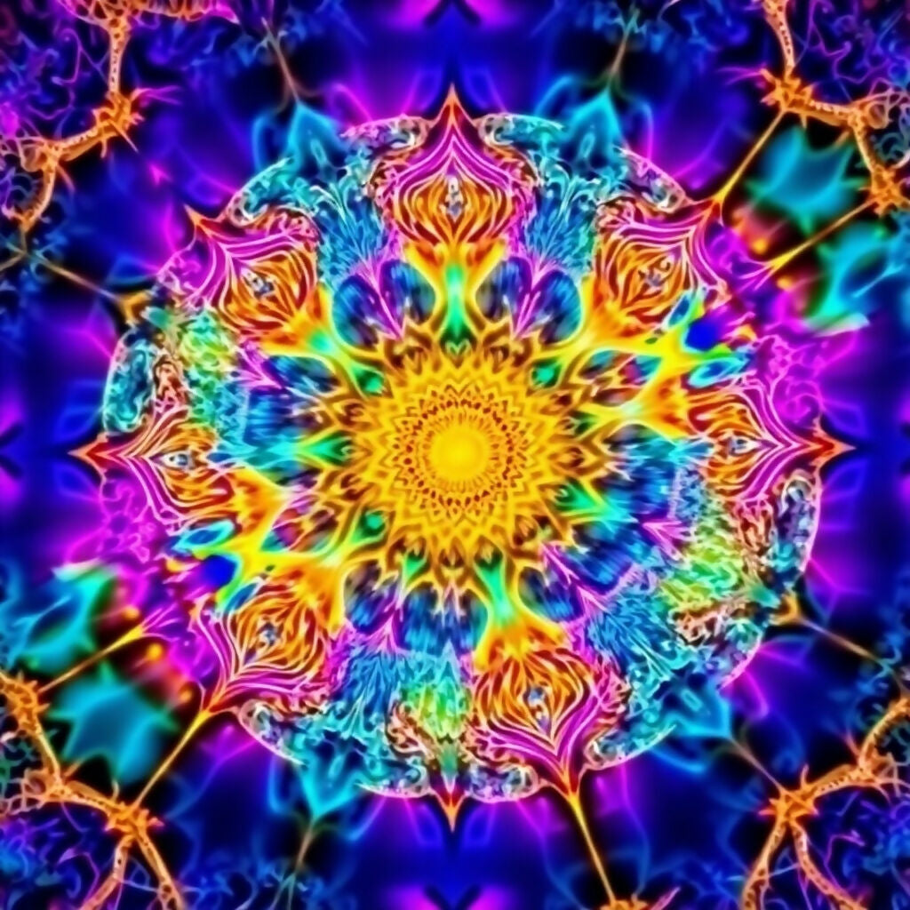 Psychedelic Mandala with Vibrant Rainbow Fractal Patterns