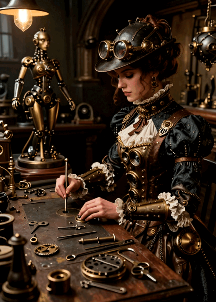 Cinematic Steampunk Inventor Art | Clockwork Workshop Print | Uniqu...