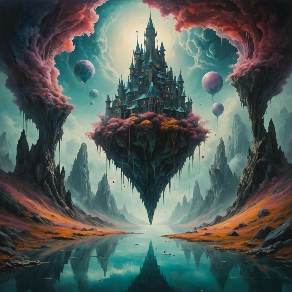 Floating Gothic Castle on a Mystical Sky Island with Vibrant Foliag...