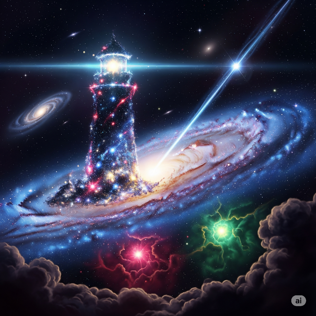 Celestial Beacon Galaxy Art Print | Cosmic Lighthouse Decor