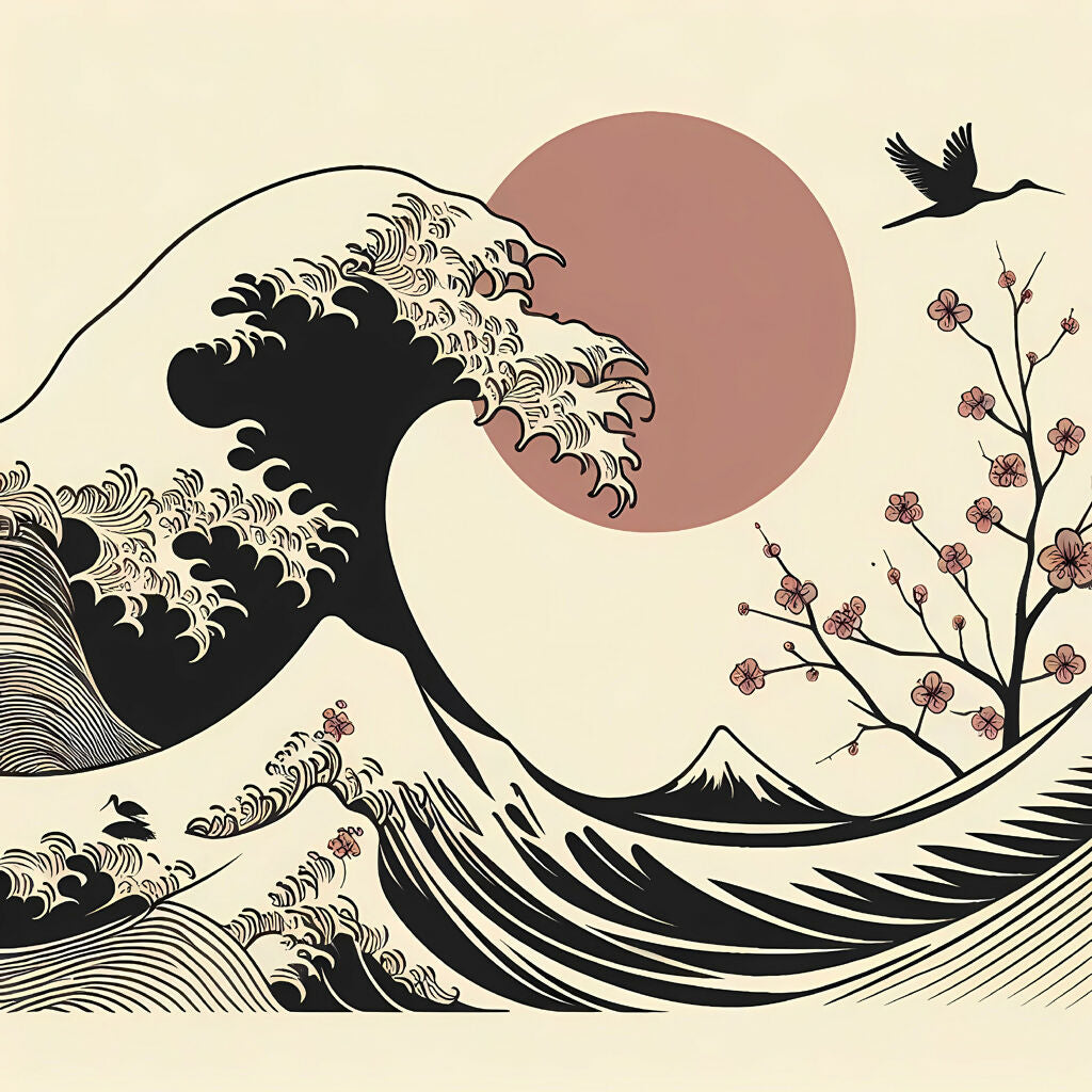Eternal Wave AI Art – Japanese Landscape with Wave, Sun & Cherr...
