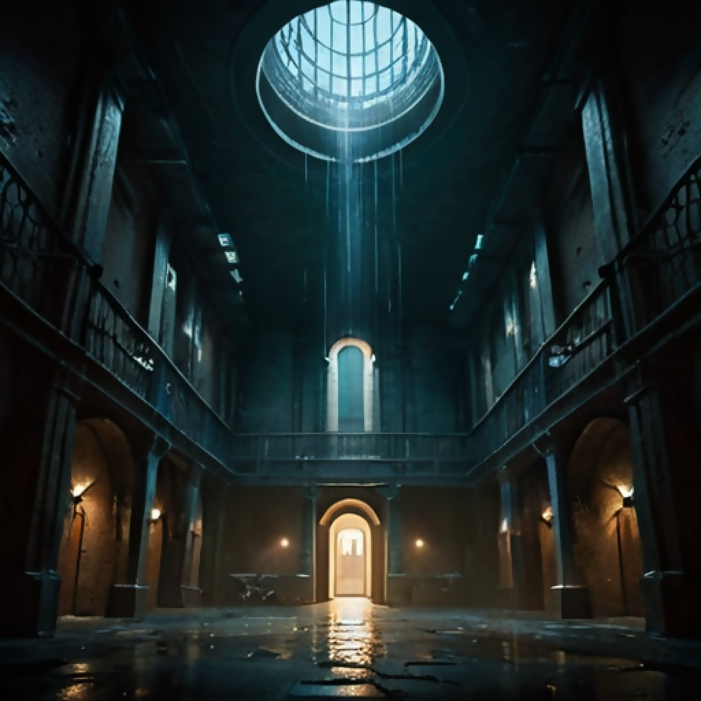 a shadowy, dilapidated prison