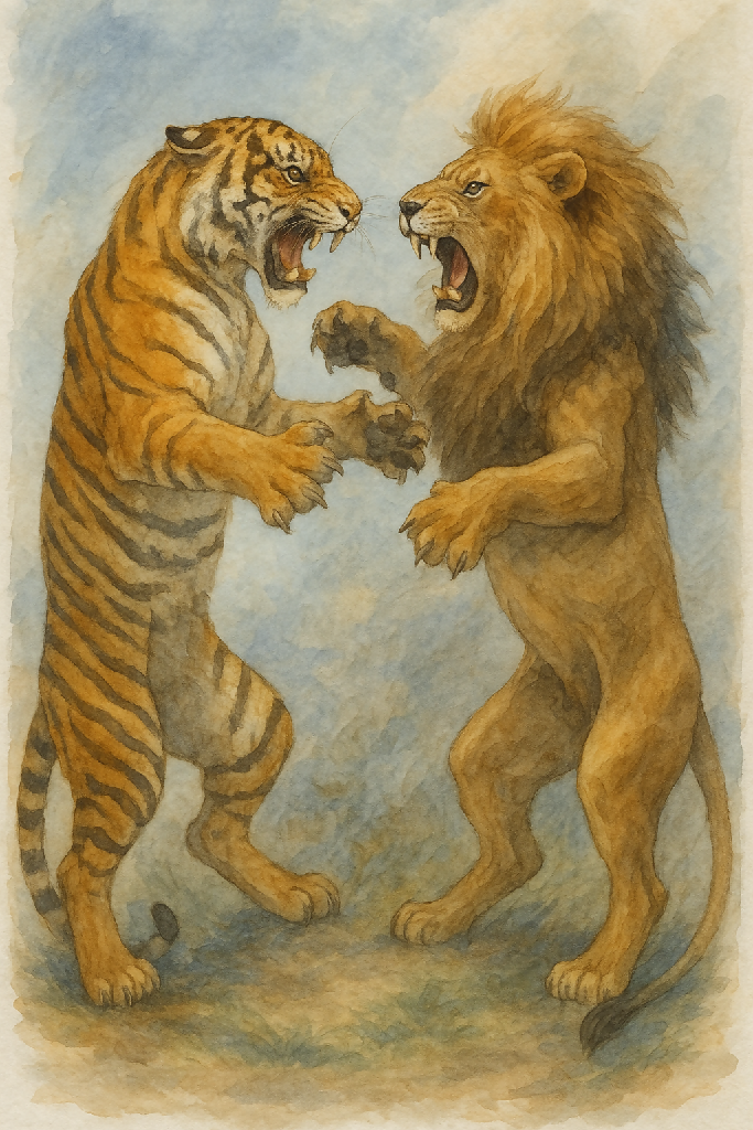 Watercolor Painting of Lion and Tiger Fight in Forest – Wildlife Po...