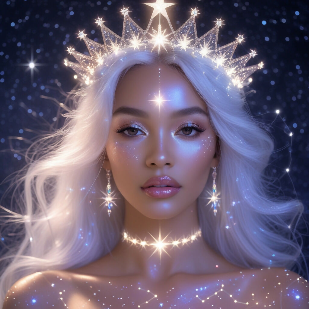 Celestial queen wearing a radiant crown of starlight