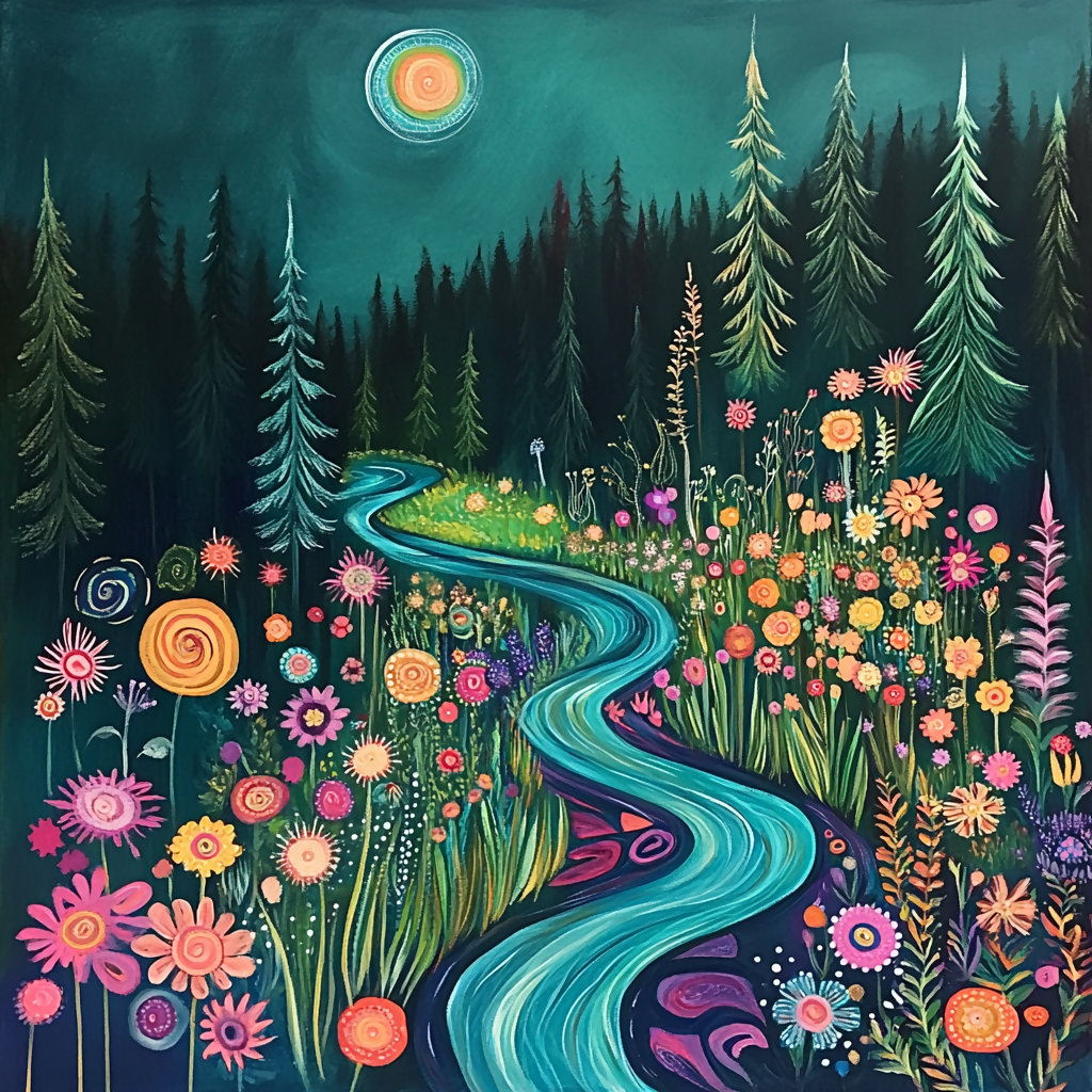 A vibrant whimsical river set against a deep dark, nigth time, beau...