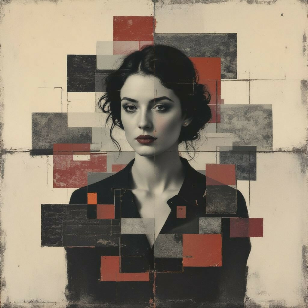 Woman Amidst Faded Symbols and Fragmented Shapes in Muted To...