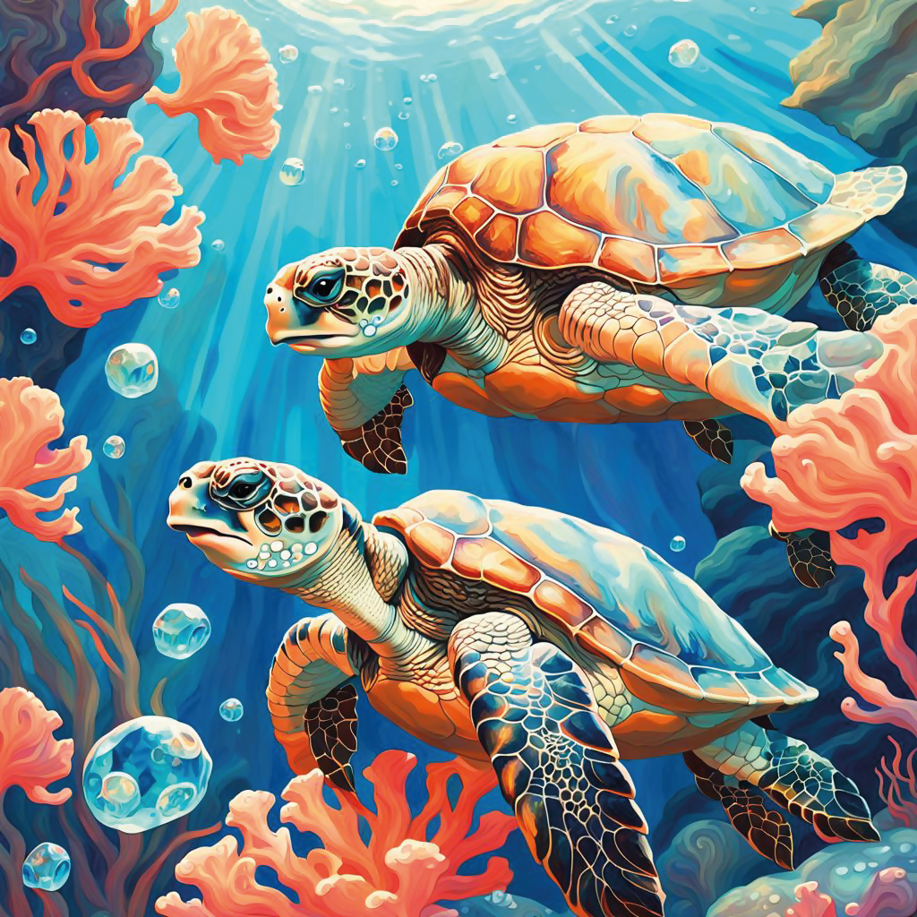 Shimmering Sea Turtles in an Ethereal Underwater Paradise