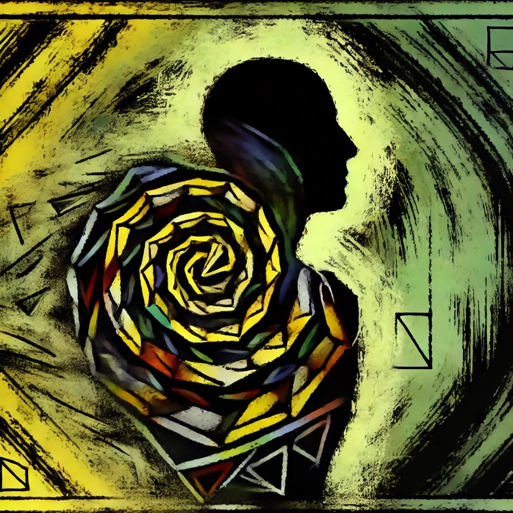 Broken Human Silhouette in a Vortex of Pain and Internal Struggle