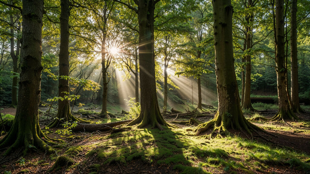 A beautiful woodland scene with the sun streaming through the trees 4