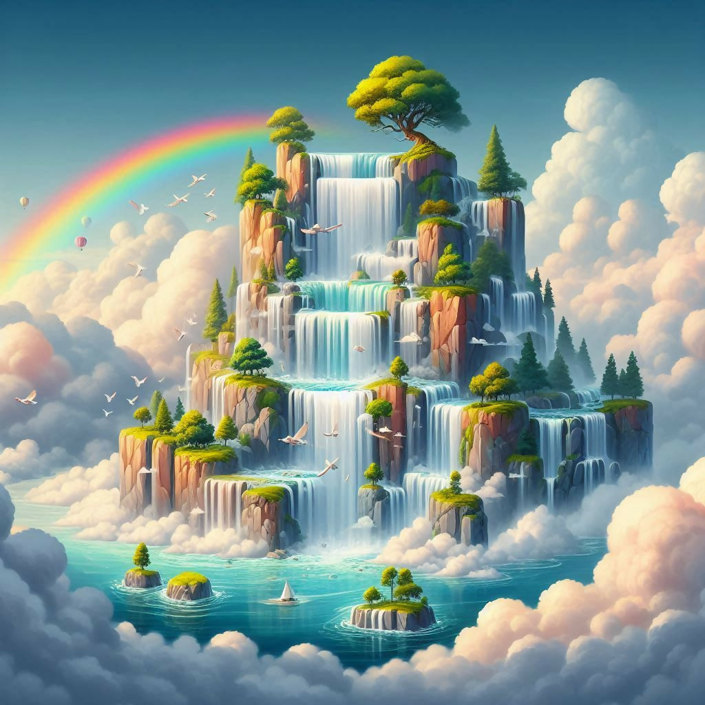 Heaven, waterfall, water fall, mountain, fantasy, fantasy land, sky...
