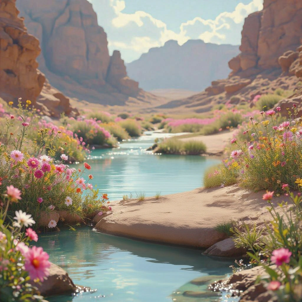 Floral Streamscape – Vibrant AI Desert Art with Blossoms and Tranqu...