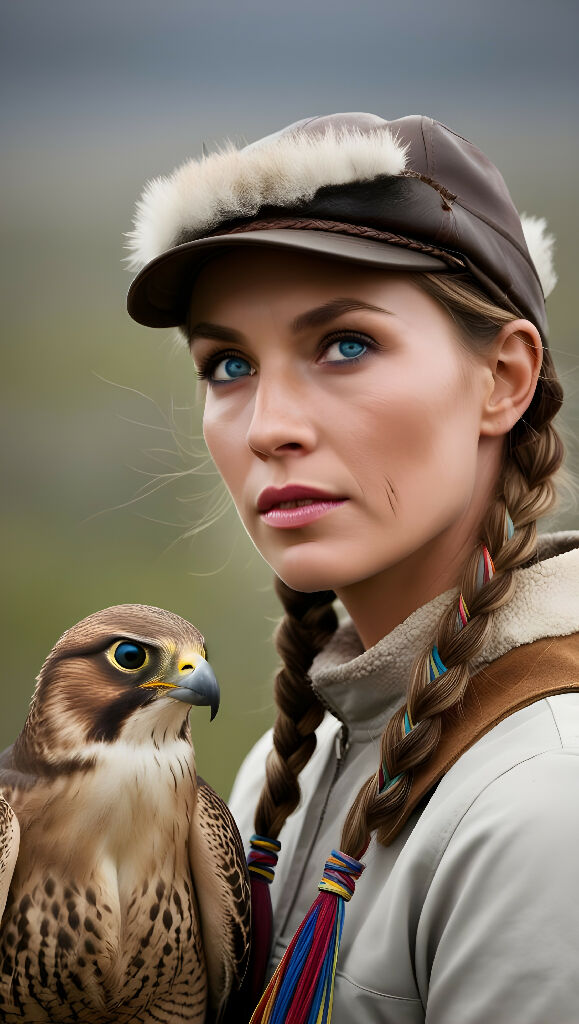 Falconry, portrait, blue eyes, leather cap, fur trim, braided hair,...