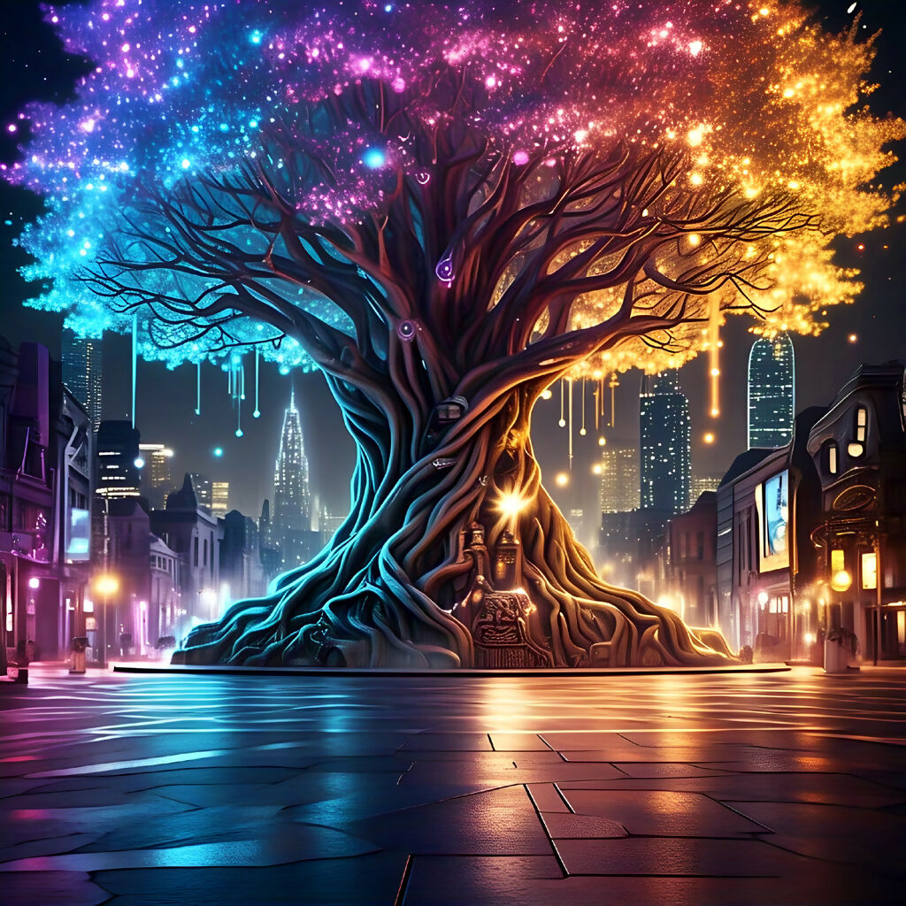 Surreal Urban Tree of Light AI Artwork – Magical Nature in Cityscape