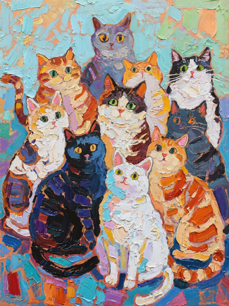 Feline Family Portrait – AI Cat Group Oil Style Painting