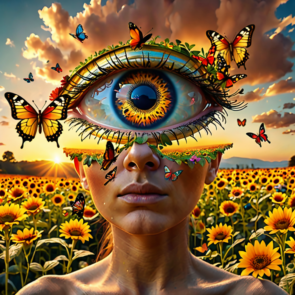 Surrealist Nature Fusion: Sunflower Eye and Butterfly Dreamscape Art