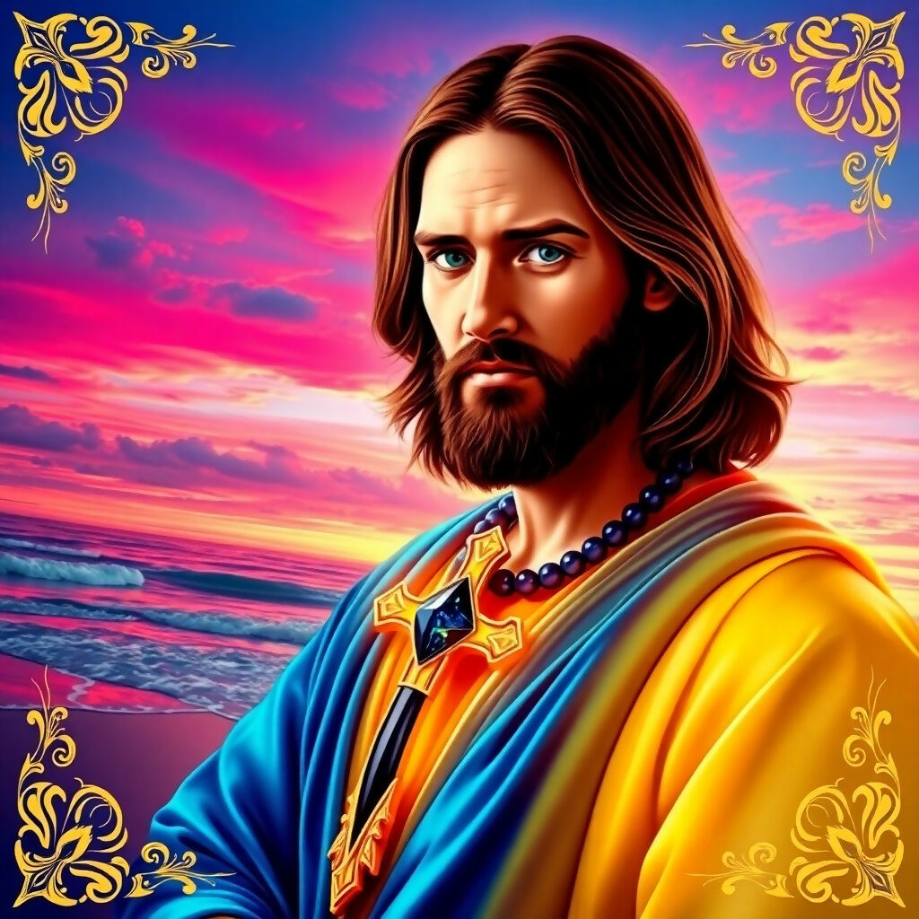 Divine Serenity: Jesus Christ at Sunset Amidst Vibrant Splendor