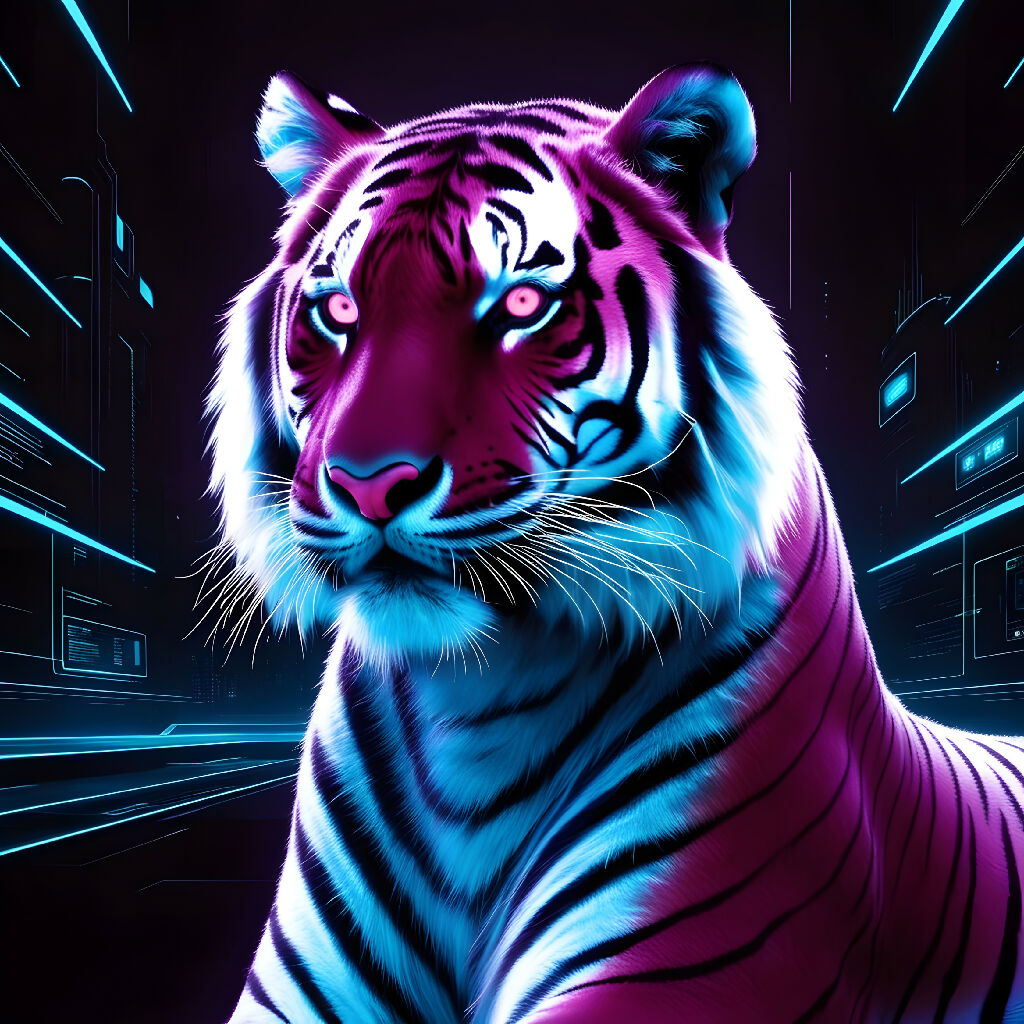 Neon Majesty: Tiger in a Futuristic Cityscape