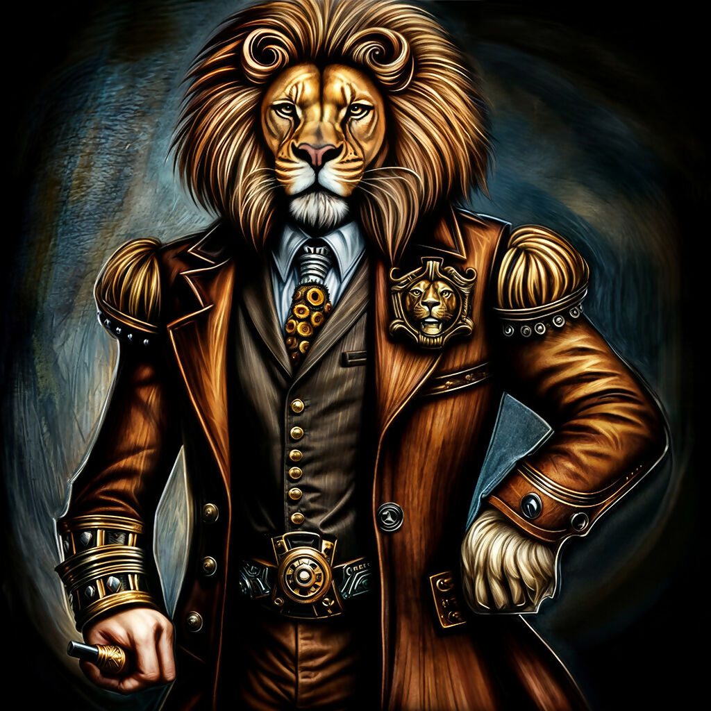 This is a digital art image of a steampunk lion. The lion is wearin...