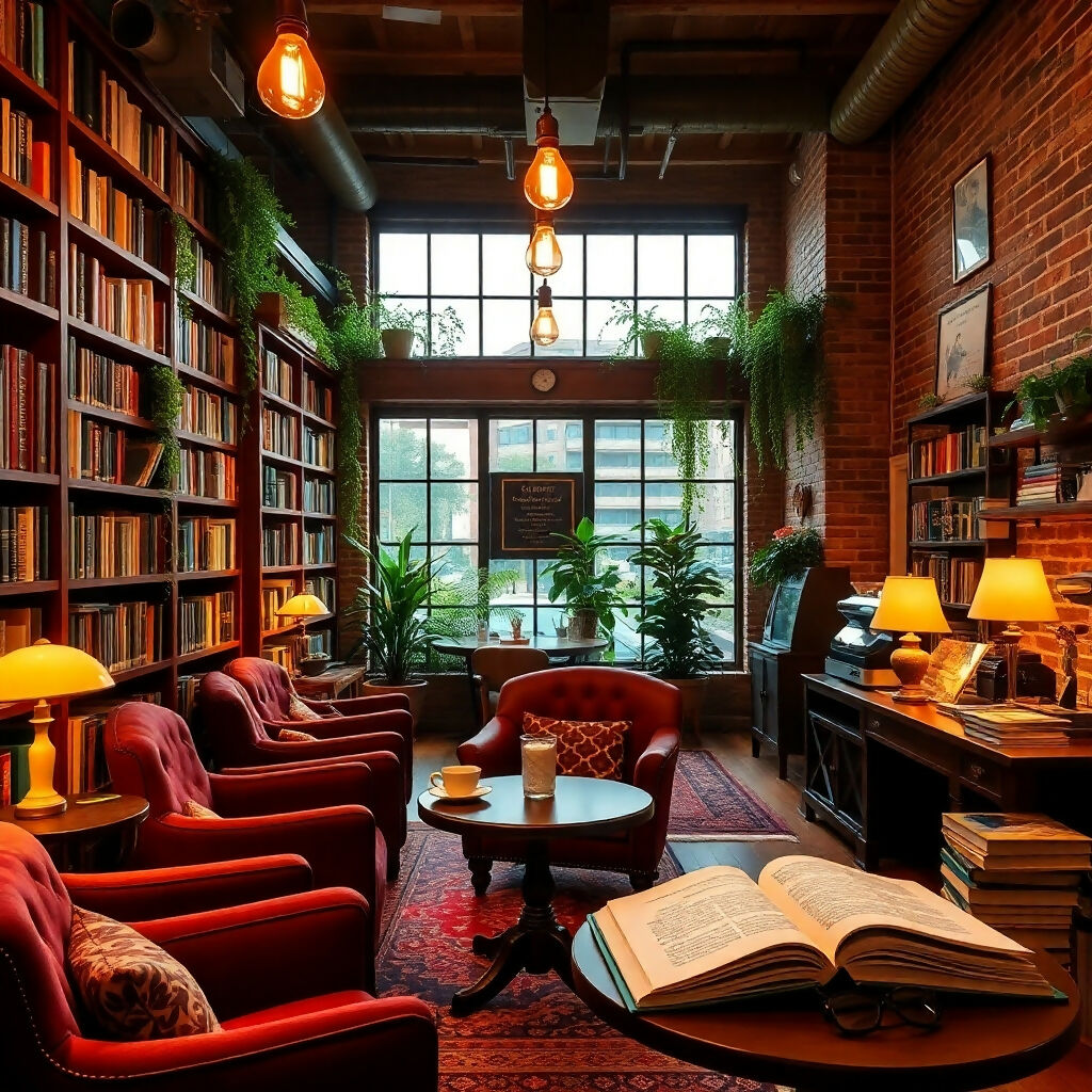 Cozy Bookstore Cafe with Red Velvet Armchairs