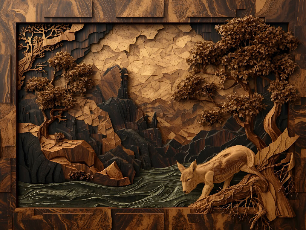 Wood Carving Nature Scene Poster