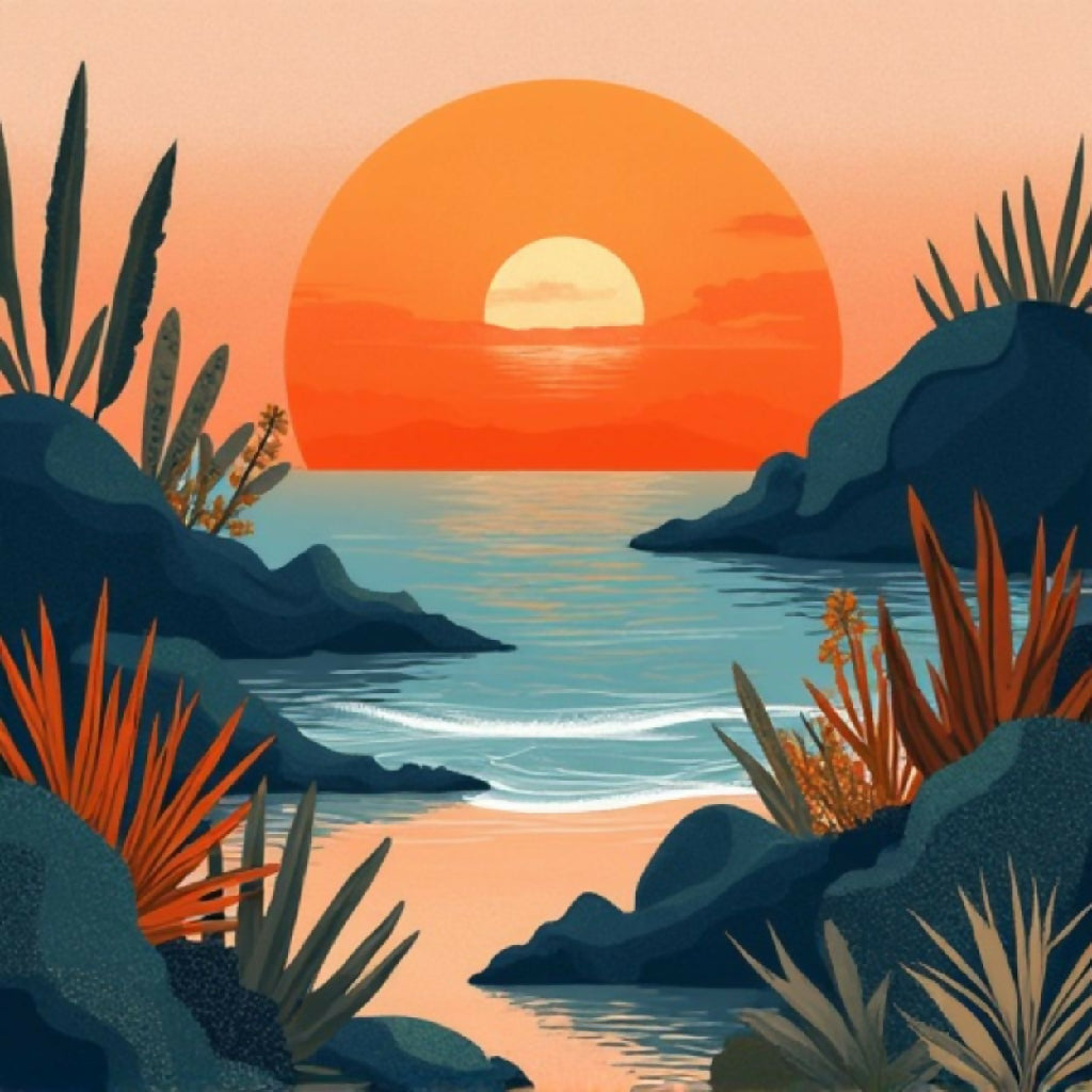Sunset, sunrise, ocean, sea, landscape, nature, illustration, vecto...