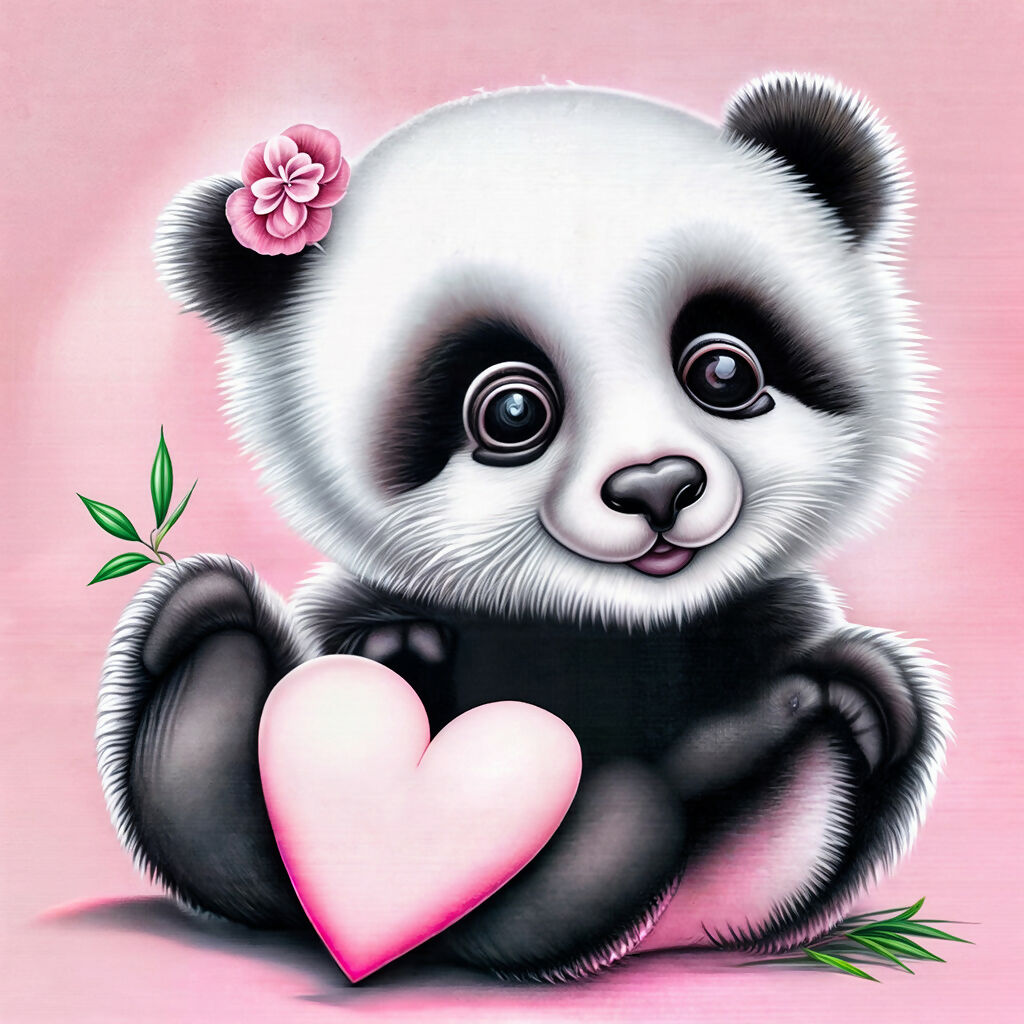 This is an illustration of a panda holding a pink heart. The backgr...