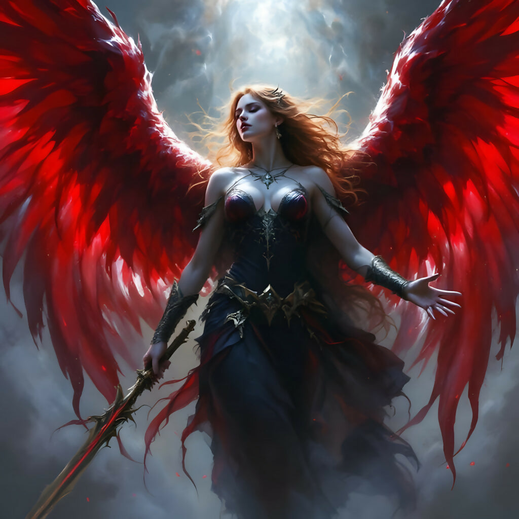 Dark Fantasy Angel Art – Red-Winged Valkyrie with Sword