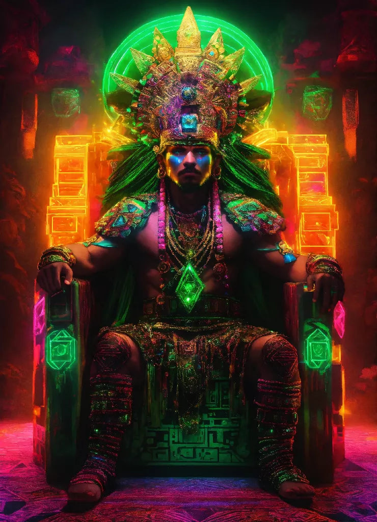Aztec warrior of diamonds and emeralds and shimmer black neon light DM