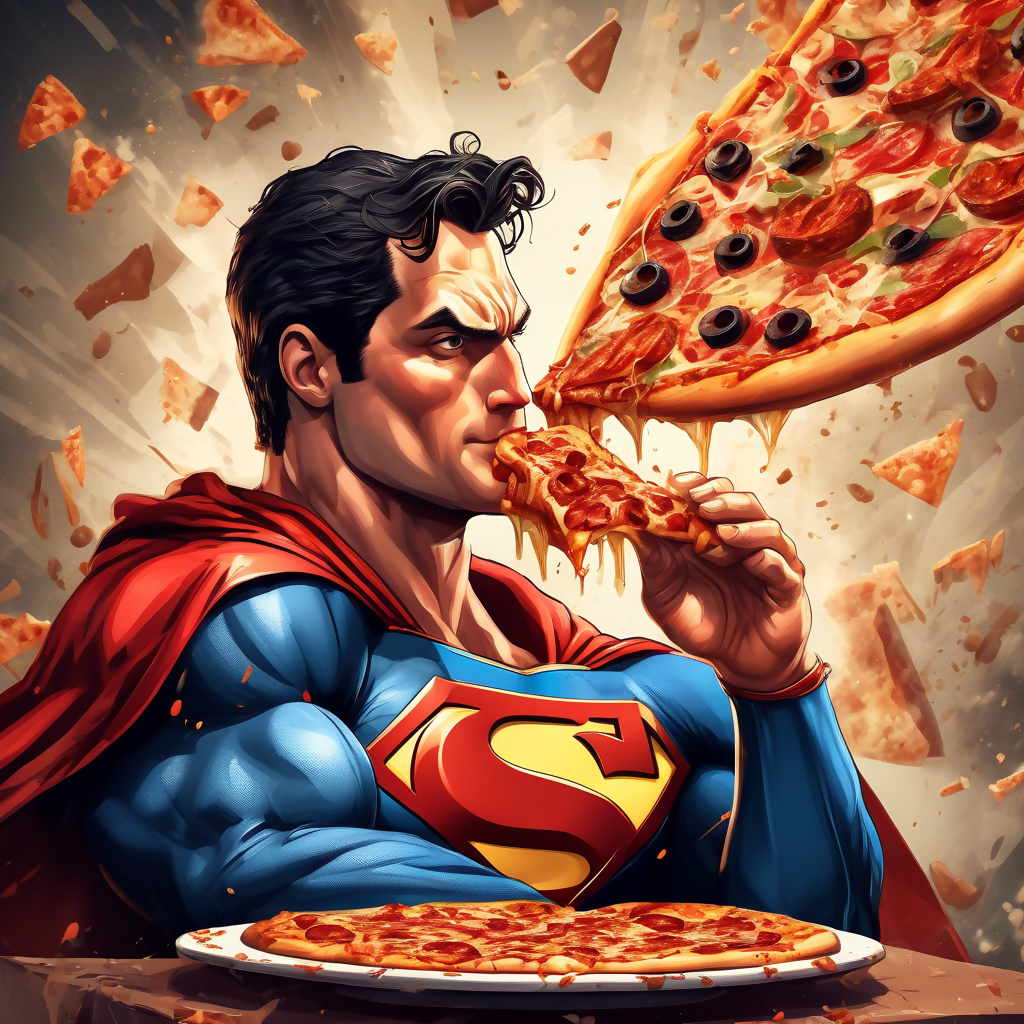 Superman eating pizza