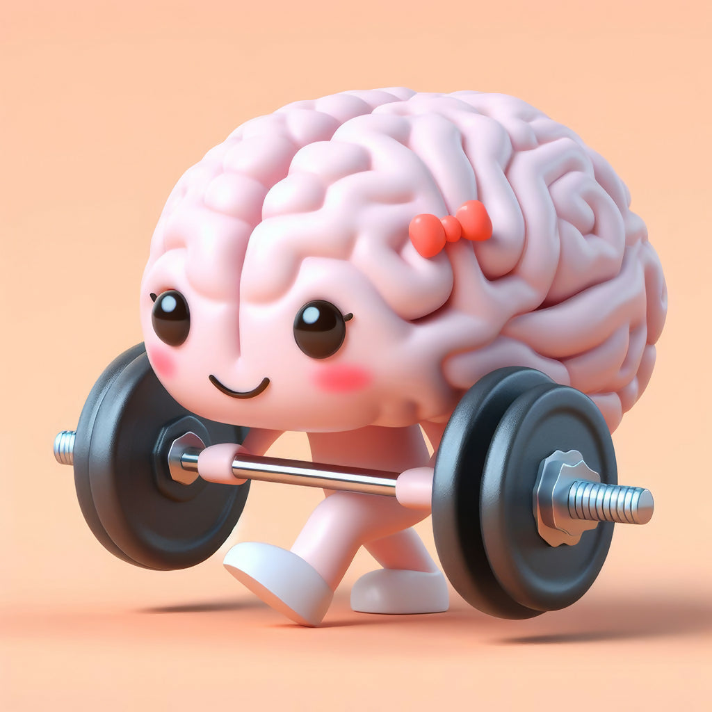 This image features an adorable, anthropomorphic brain lifting a ba...