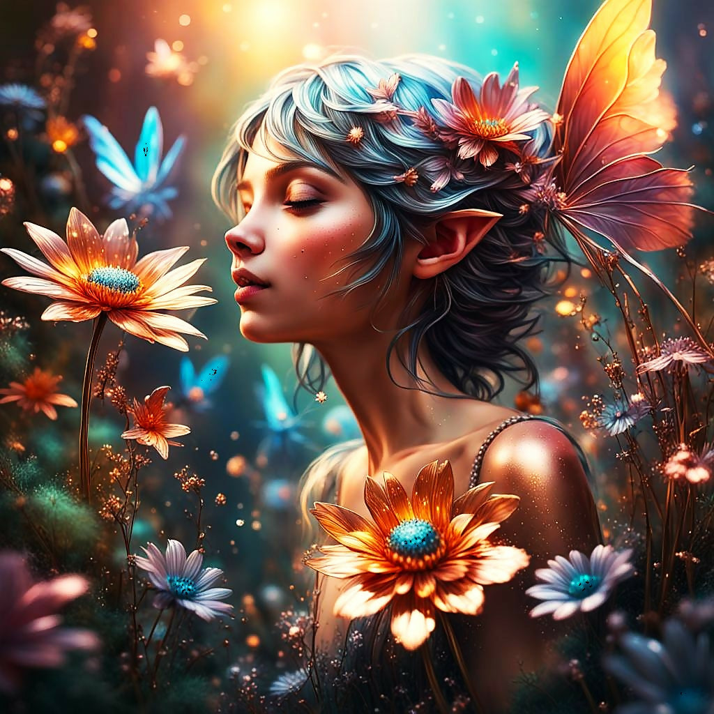 Enchanted Bloom – A Whimsical Elf Amidst Floral Magic