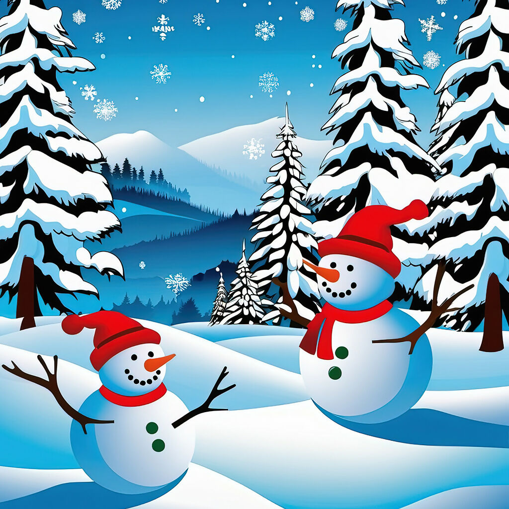 This image features two snowmen standing next to each other. They a...