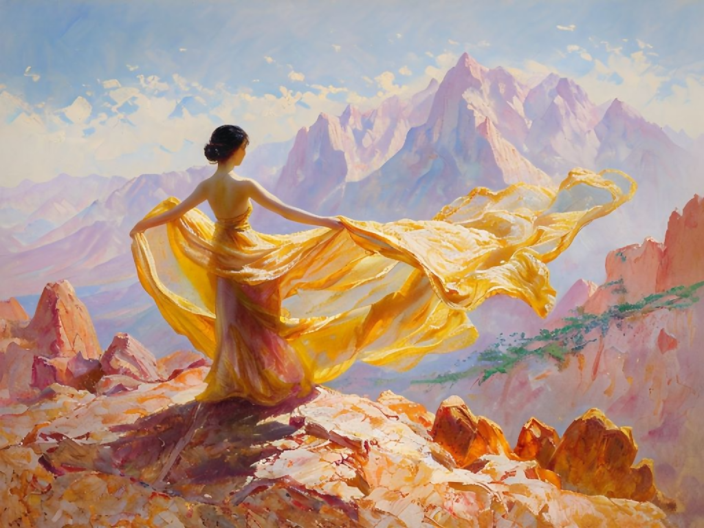 Artistic Grace: Elegant Woman in Gold Dress Against Mountain Backdr...